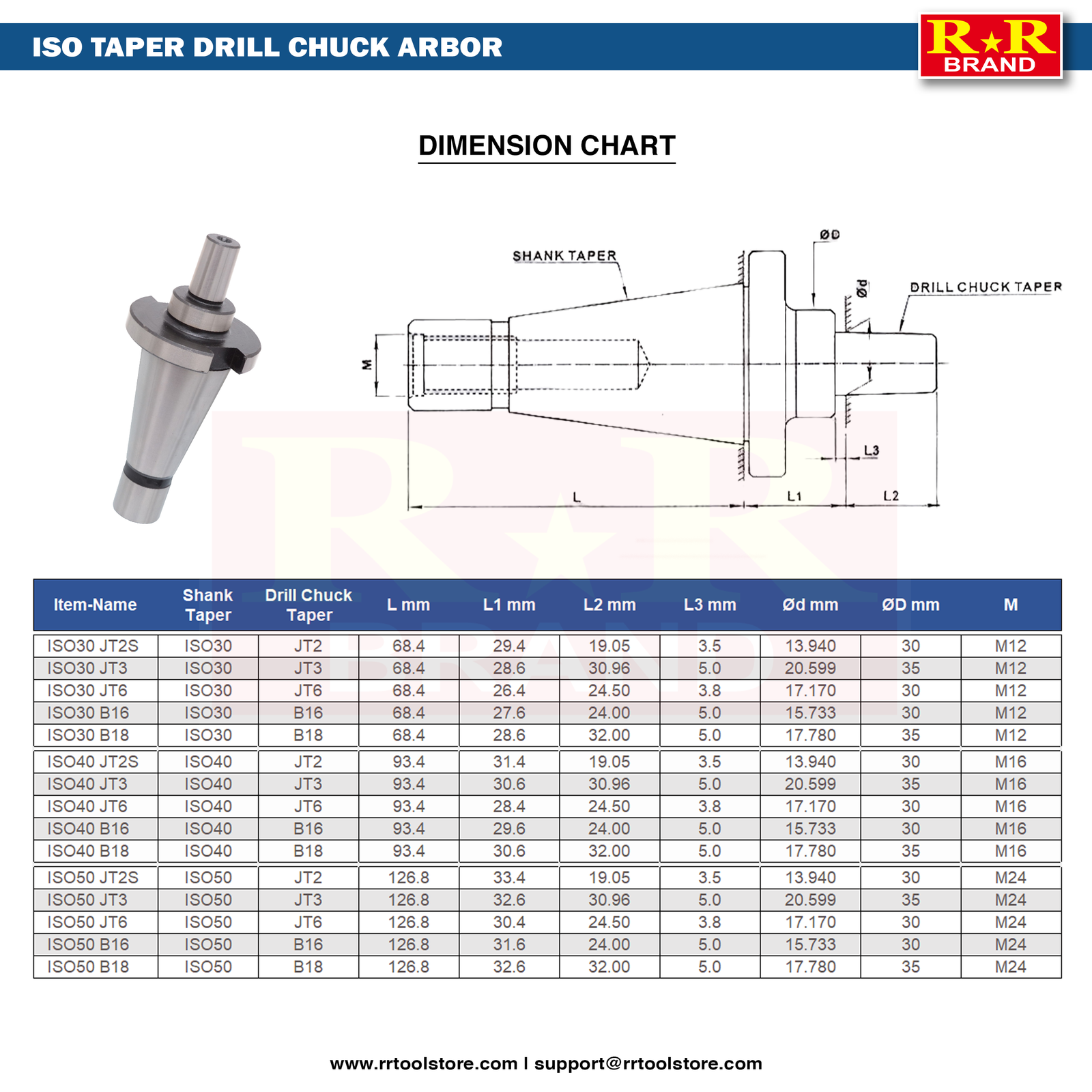 ISO50 Taper to JT6 Jacob Taper | Drill Chuck Arbor | RR Brand